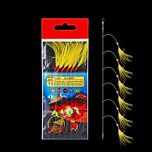 Fishing Rigs with Feathers Mackerel Feather Rigs 10Packs 60 Hooks Mackerel Feathers Sea Boat Beach Pier Lure Fishing Rigs 6 Hook Positions/Feather Rig 4 Colors Selection Pack (Yellow 15#,10Pack)