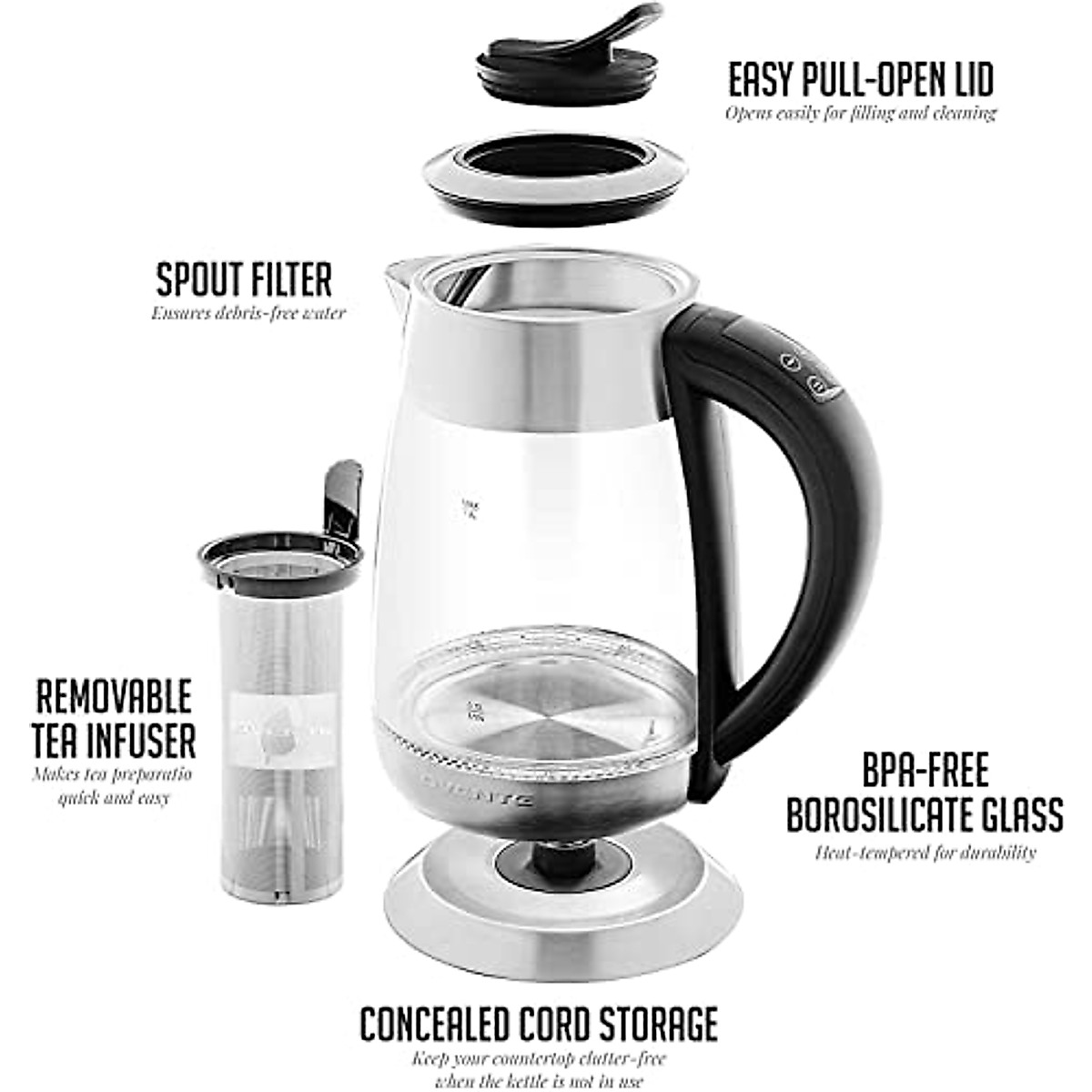 OVENTE Electric Glass Kettle Hot Water Boiler 1.8 Liter BPA Free 1500W, Set Temperature Control, Auto Shut Off, Portable Tea Kettle & Instant Water Heater + Stainless Steel Infuser - KG6610S