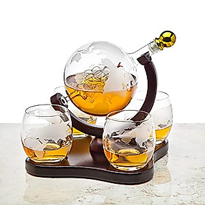 Whiskey Decanter Globe Set with 4 Etched Globe Whisky Glasses for Liquor, Scotch, Bourbon, Vodka, Gifts for Men - 850ml