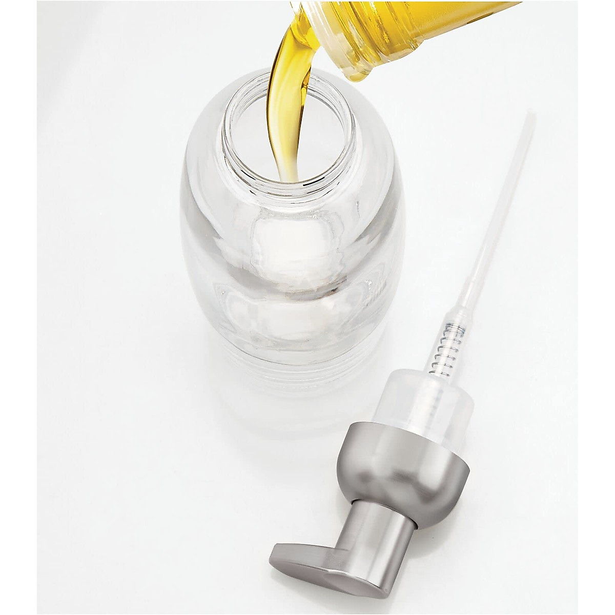 mDesign Modern Glass Refillable Foaming Soap Dispenser Pump Bottle for Bathroom Vanity Countertop, Kitchen Sink - Save on Soap - Vintage-Inspired, Compact Design - 2 Pack - Clear/Brushed