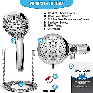 High Pressure 3-Way Shower Head Combo Dual Shower Head with Stainless Steel Hose Enjoy Luxurious 6-setting Rain Shower Head & 9-Setting Hand Held Shower Separately or Together