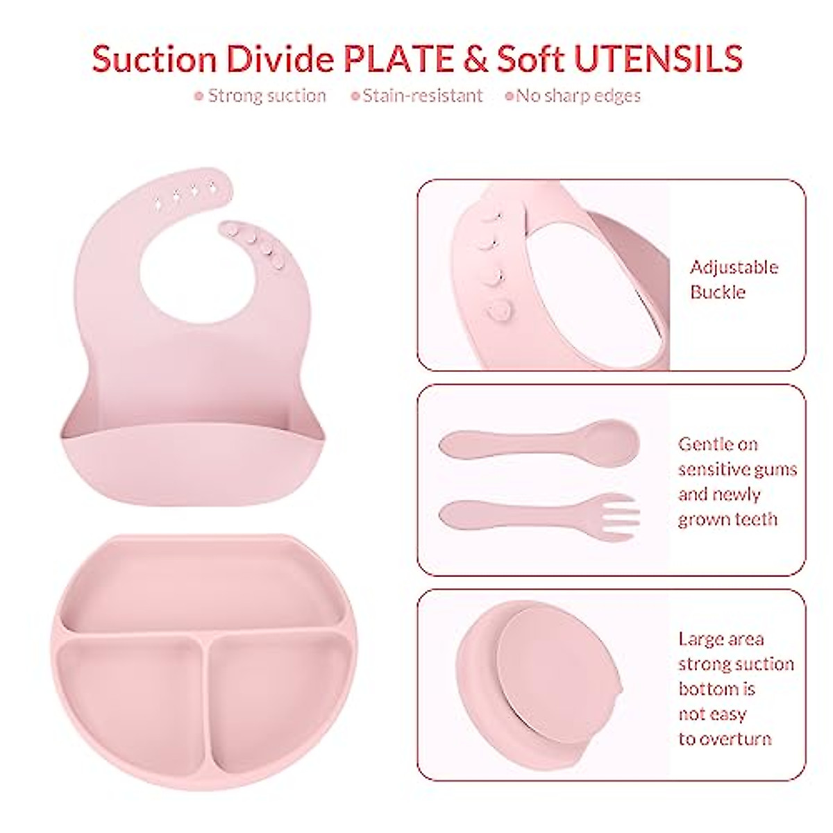 Silicone Baby Feeding Set - REIKTLUD Baby Led Weaning Supplies - Silicone Suction Bowls Divided Plates, Sippy and Snack Cup - Toddler Self Feeding Eating Utensils Set with Bib, Spoons, Fork (Pink)