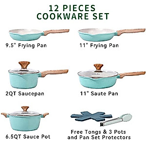 KOLEX Nonstick Cookware Sets,12-Piece Kitchenware Pots and Pans Set Granite Coating,Includes Frying Pans,Deep Frying pans,Stockpots And Cooking Tools,Suitable For All Stove,100% PFOA Free,Turquoise.