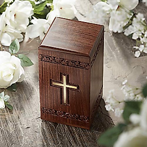 Reminded Rosewood Hand-Carved Urn Box with Solid Brass Cross - Cremation Memorial with Velvet Bag