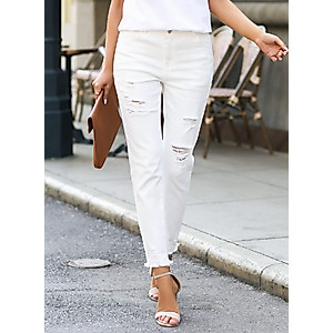 EVALESS White Womens Jeans Stretch Boyfriend Ripped Distressed Frayed Raw Straight Ankle Hem Denim Pants Tummy Control Size 8