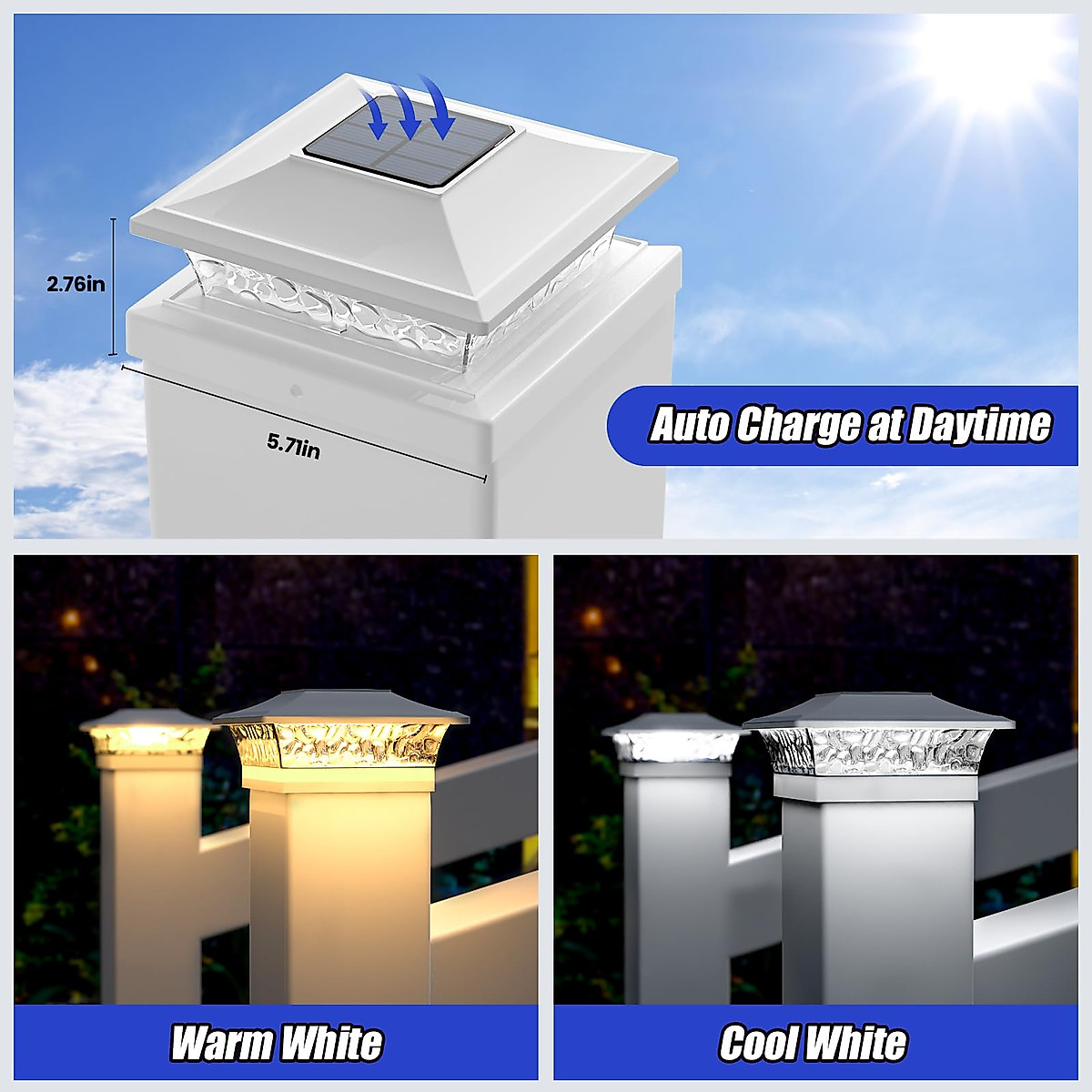 APONUO 5x5 Solar Post Cap Lights White for Vinyl Fence,White Solar Post Cap Lights 2 Color Mode Outdoor Waterproof for Fence Post Caps 4x4,6x6 Wood&4x4 5x5 Vinyl Deck Post Caps,White,6 Pack