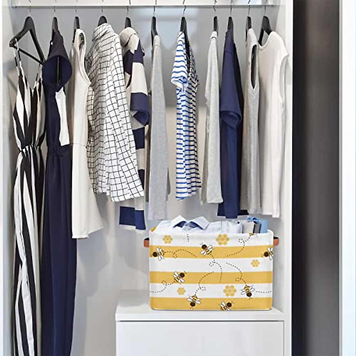 Storage Baskets with Handles, Bee Honeycomb Yellow White Stripe Storage Cube Rectangular Fabric Collapsible Toy Storage Bin Organizer for Closet Shelf Laundry Nursery Kids Bedroom, 15x11x9.5 In,1 Pack