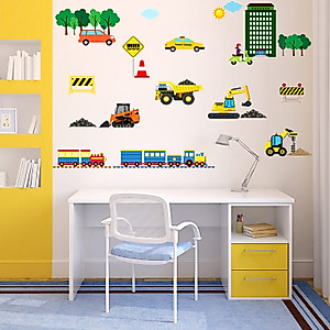 Transportation Wall Decals Construction Wall Stickers Vehicle Tractor Cars Trucks Excavator Stickers Peel and Stick Transportation and City Scene Decals for Kids Nursery Bedroom Living Room Playroom