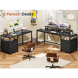 UPOSOJA 67in L Shaped Computer Desk with Power Outlets, 90.5in Long Home Office Desks with 2 Monitor Stands, 2PC Small Corner Table, Storage Cabinet Rack Drawers(Black)