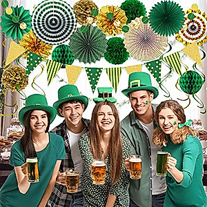 Green Gold Party Decorations Paper Fans, Graduation Season Hanging Glitter Triangle Flags Banner Hanging Paper Fan Happy Birthday Banners and Triangular Flag, Bridal Shower,Green Themed Birthday