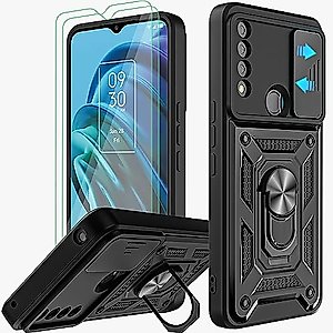 AKINIK for TCL 30 XE 5G Phone Case with Slide Camera Cover and 2pcs HD Screen Protector, 360° Rotation Ring Kickstand [Military Grade] Case for TCL 30 XE 5G (Black)