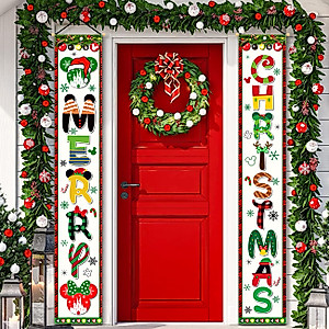 Christmas Decorations Porch Sign Banner, 2Pcs Merry Christmas Door Decorations Hanging Banner Christmas Indoor Outdoor Welcome Front Door Banner for Christmas Holiday Door Decor