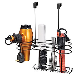 mDesign Metal Over Cabinet Door Bathroom Hair Care & Styling Tool Storage Organizer Hanging Basket for Hair Dryers, Flat Irons, Curling Wands, Hair Straighteners, Brushes, Combs, Accessories - Black