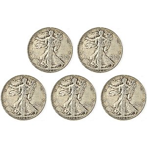 1916-1947 Set of 5 Silver Walking Liberty Half Dollar Coins. A Beautiful USA .90 Percent Silver Coin Set, 1.80 Troy Ounces Silver Weight. 50 Cents (5 Coins) Graded By Seller Circulated Condition