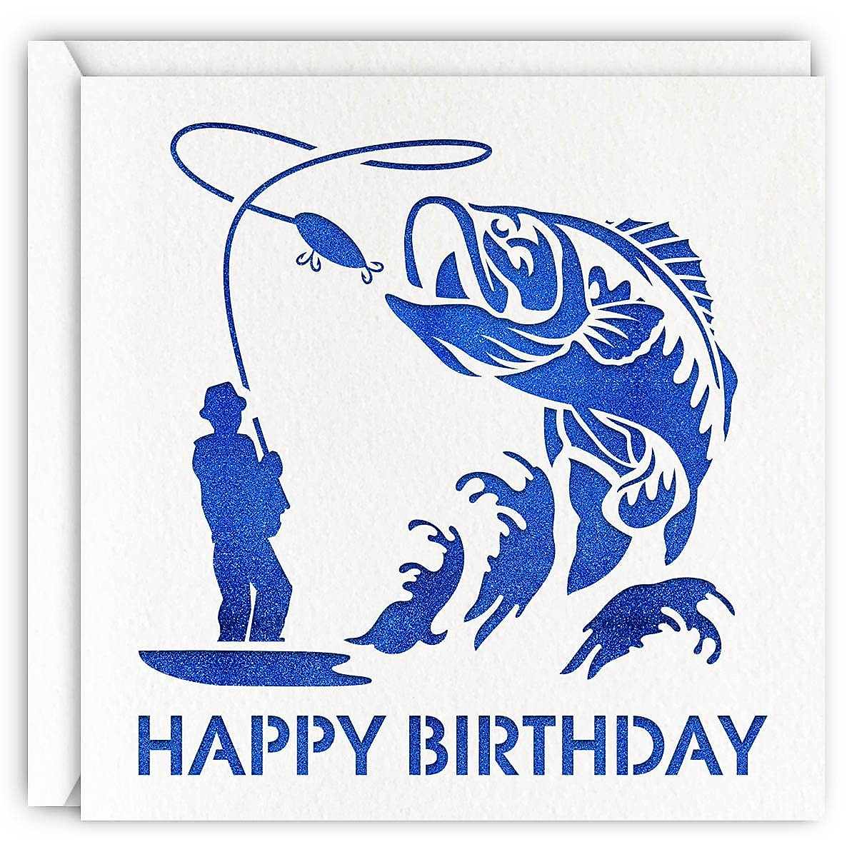 MAGJUCHE Blue Fishing Birthday Card, Glitter Laser Cut Cooking Greeting Card For Men, Father, Grandfather