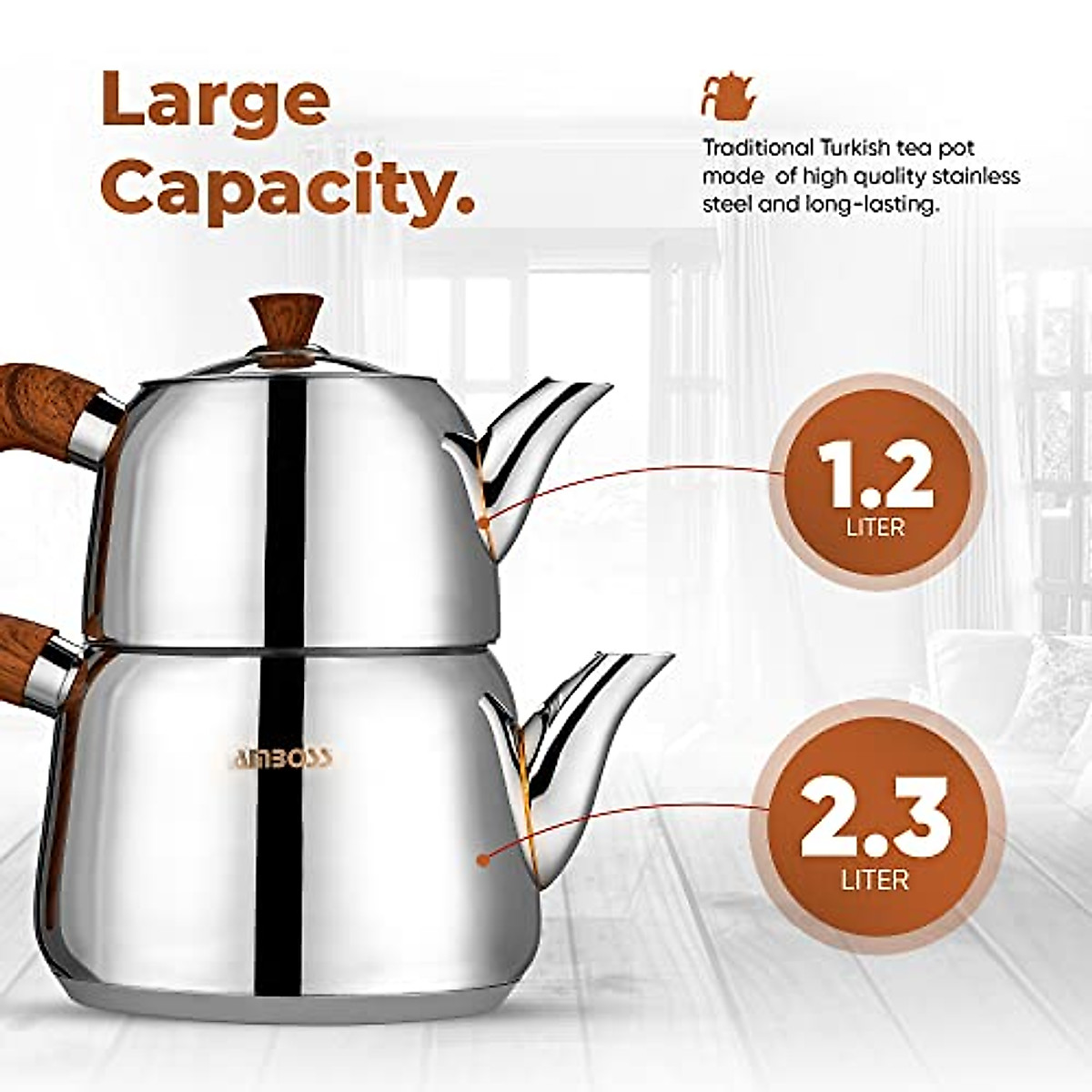 Amboss Turkish Teapot Set with Steam Lid 4 PCS Stainless Steel Wood Design Bakelite Handles Induction Compatible Turkish Tea Set