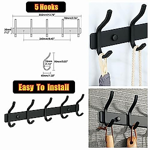 Alise Coat Rack Wall Mount,Coat Hanger Rail with 5 Double Coat Hooks for Hanging Coats Bathroom,SUS304 Stainless Steel Towel Hanger Hook Racks for Purse Clothes Entryway Jacket Hats Towels,Black