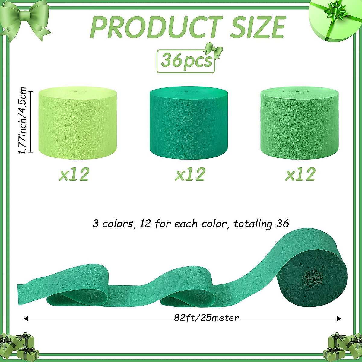 36 Rolls Jungle Safari Green Crepe Paper Streamers Hanging Party Streamers for Garden Theme Party Baby Shower Luau Hawaii Woodland Irish Lucky Day Birthday Backdrop Decoration, 1.8 Inch x 82 Ft/Roll