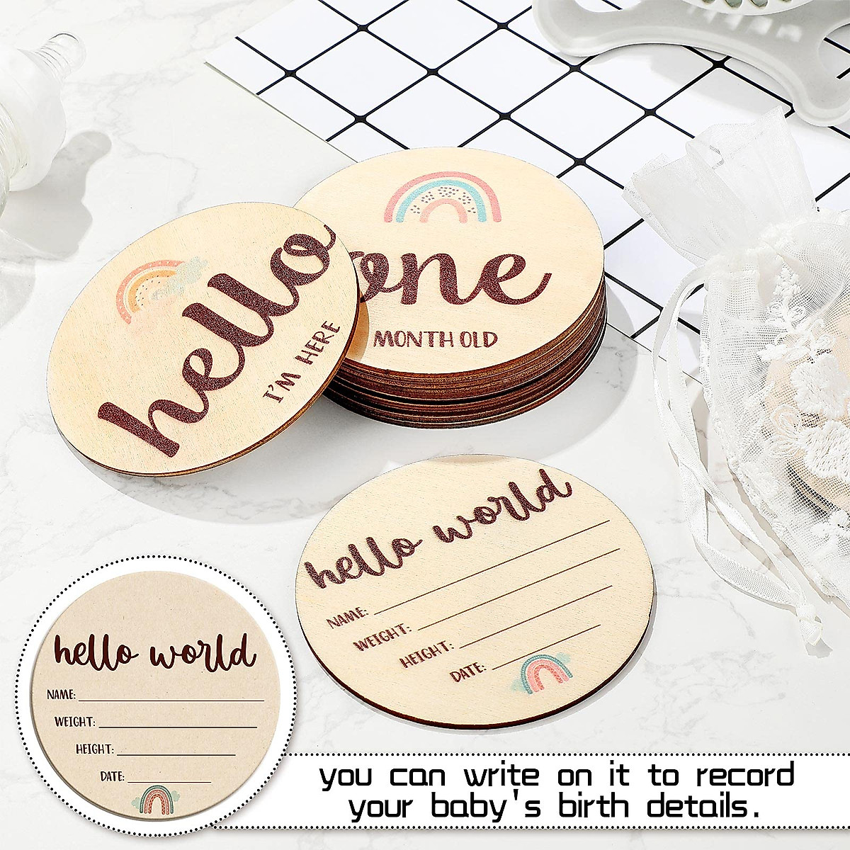 Yalikop 14 Pcs Wooden Baby Milestone Discs Cards Double Sided Baby Monthly Milestone Blocks Picture Props for Newborn Gift Pregnancy Birth Announcement Sign Month Baby Milestone Card with Storage Bag