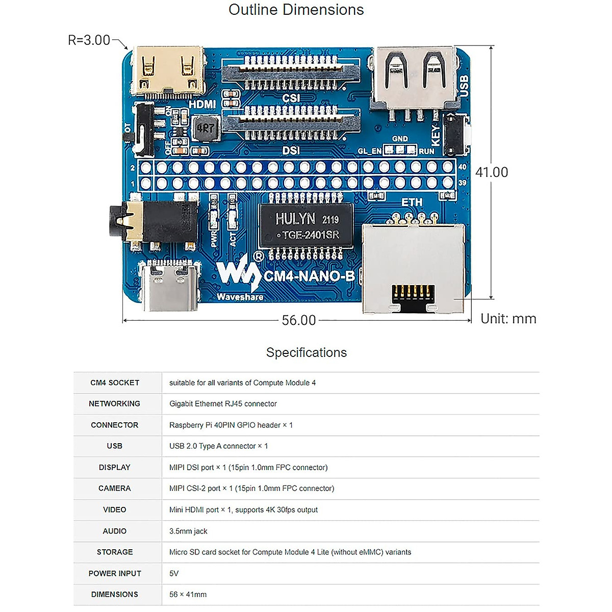Nano Base Board (B) for Compute Module 4 Lite/eMMC,with Raspberry Pi 40PIN GPIO Header,Gigabit Ethernet RJ45,MIPI CSI-2 Port Connector 3.5mm Jack Audio