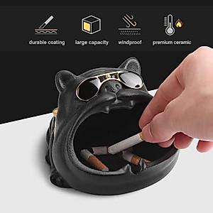 SOMGEM Outdoor Ashtray for Cigarette, Cool Ash Tray Sets for weed, Decorative Fancy Ashtrays of Black Bully Dog Design, Ceramic Desktop Ash Holder for Patio Home Office, Great Gift for Men Women