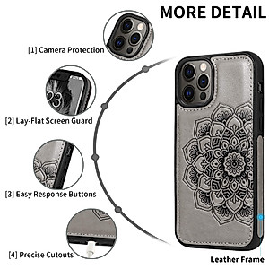 CASEOWL Compatible for iPhone 12 Pro Max Case Wallet Magnetic Detachable 2 in 1 Mandala Embossed Leather Flip Wallet Case with 9 Card Slots,Hand Strap for Women (Gray)