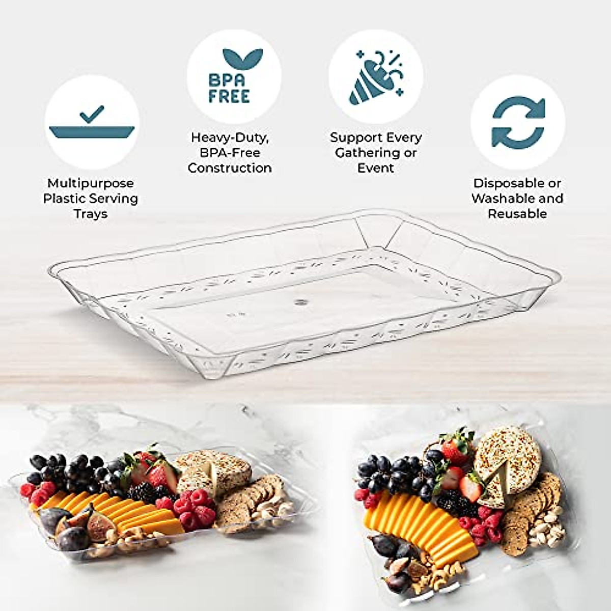 Plastic Serving Trays 9" X 13" Rectangle Serving Platters 4-Pack Clear Party Tray Durable Serving Platter - Disposable Serving Food Tray - Rectangular Cake, Fruit, Cookie Tray - Posh Setting