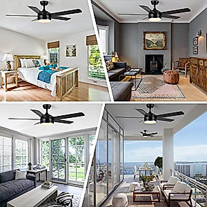 YUHAO 52 inch Black Ceiling Fan with Lights and Remote Control,Dimmable tri-Color temperatures LED,Quiet Reversible Motor,5 Blades Modern Ceiling Fans for Indoor.