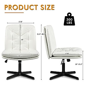 Waleaf Leather Armless Desk Chair No Wheels Swivel Chair Padded Modern Cute Office Chair Height Adjustable Wide Seat Cross Legged Chair for Home Office Desk Chair Vanity Chair Mid Back (White)