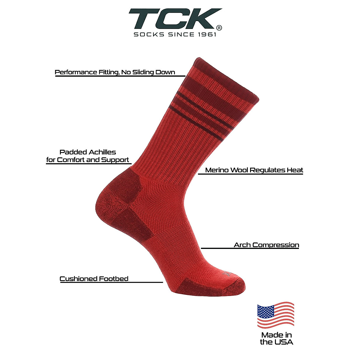 TCK Merino Wool Striped Crew Socks (Red/Cardinal, Large)