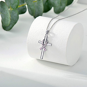 LEECCI 925 Sterling Silver Breast Cancer Awareness Necklace Cross Pendant Necklace Pink Ribbon Necklace Breast Cancer Survivor Gifts for Women