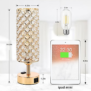 Hong-in Crystal Table Lamp, Gold Lamp for Bedroom with USBC-A+ AC Charging Ports, 3 Way Dimmable Light with Crystal Lampshade, Bedside Lamp Touch Light for Girl Room, Charge Phone (Bulb Included)