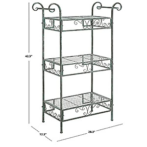 SAFAVIEH Outdoor Collection Noreen Victorian Scroll Antique Dark Green Wrought Iron 3-Tier Shelf