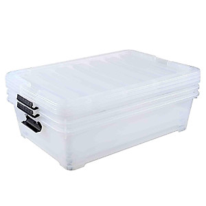 Bringer Set of 3 Large Under Bed Plastic Storage Bins with Lids, 50 L Clear Plastic Latch Storage Box with Wheels