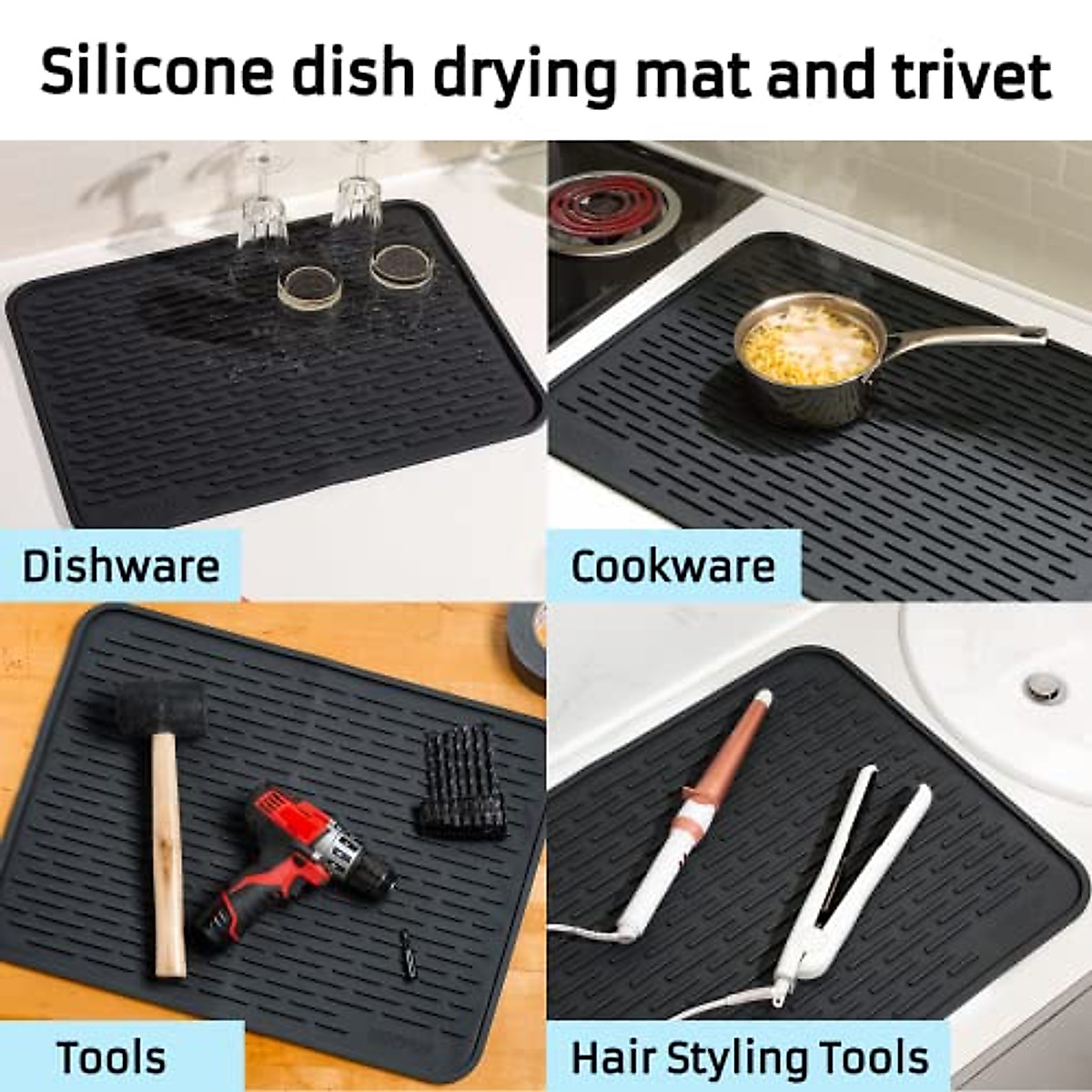 HOTPOP XXL 24"x18" Large Black Silicone Dish Drying Mat & Trivet - Dishwasher Safe, Heat Resistant, Eco-Friendly - Rubber Dish Drying Mat, Silicone Dish Mat for Kitchen Counter (24x18 Inches)