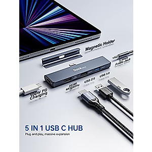 iPad Pro USB C Hub Multiport Adapter - Dockteck USBC Hub 5 in 1 with 100W PD, 4K 60Hz HDMI, Audio, USB 3.0, USB C Dock with Magnetic Grip for iPad Pro 12.9 2021 2020 2018, iPad Air, iPad Mini 6
