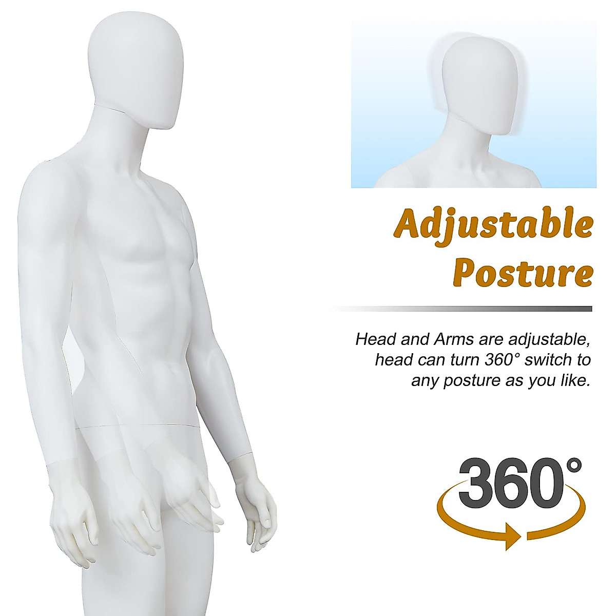 6Ft Male Mannequin Dress Form Display - Manikin Torso Stand Realistic Full Body Mannequin for Retail Clothing Shops, Halloween Christmas Cosplay, White