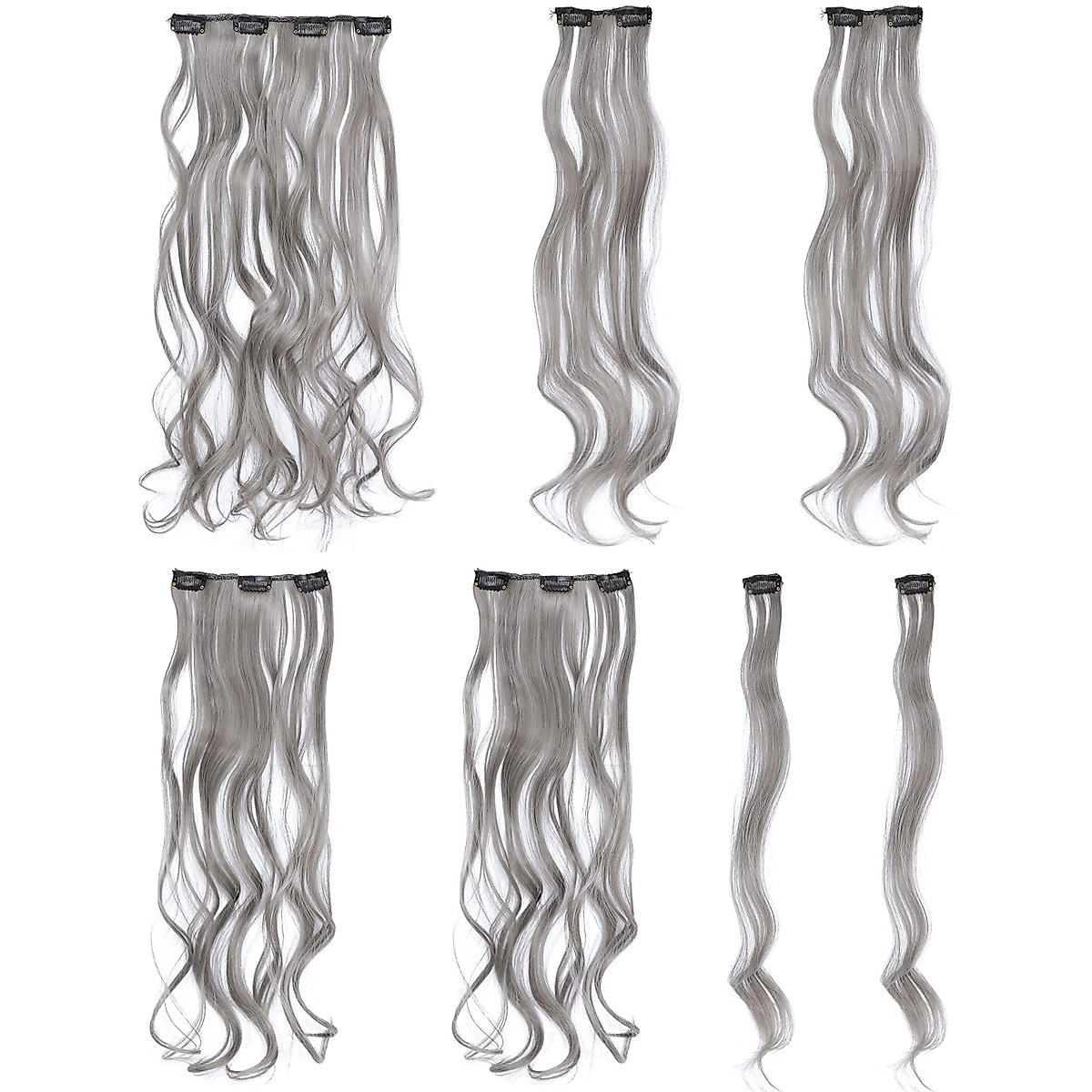SWACC Women 20 Inches Curly Full Head 7 Separate Pieces Heat Resistance Synthetic Hair Clip in Hair Extensions (Grey)