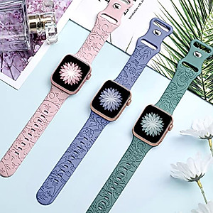 3 Pack Floral Engraved Bands Compatible with Apple Watch Band 40mm 41mm 38mm 42mm 44mm 45mm 49mm Women,Soft Silicone Cute Wildflowers Sport Laser Strap for iWatch Bands Series Ultra SE 8 6 5 4 3 2 1