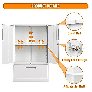 ZAOUS File Cabinet 1 Drawer, Metal File Cabinet with Lock, Lateral Filing Cabinet with Doors & Adjustable Shelves for Home Office, Living Room, Pantry, Gym, Basement, Warehouse, White