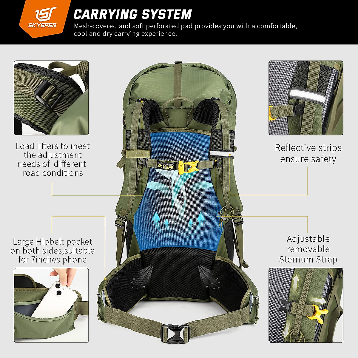 SKYSPER Hiking Backpack, 50L/60L Backpacking Backpack for Camping Travel, Lightweight Waterproof Outdoor Pack for Men Women