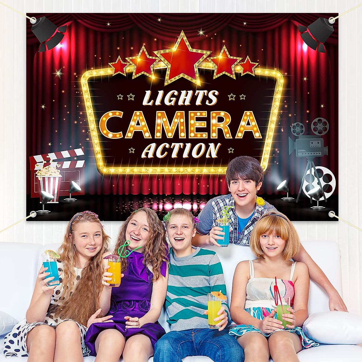 HAMIGAR 6x4ft Lights Camera Action Banner Backdrop - Movie Night Theater Birthday Decorations Party Supplies - Red