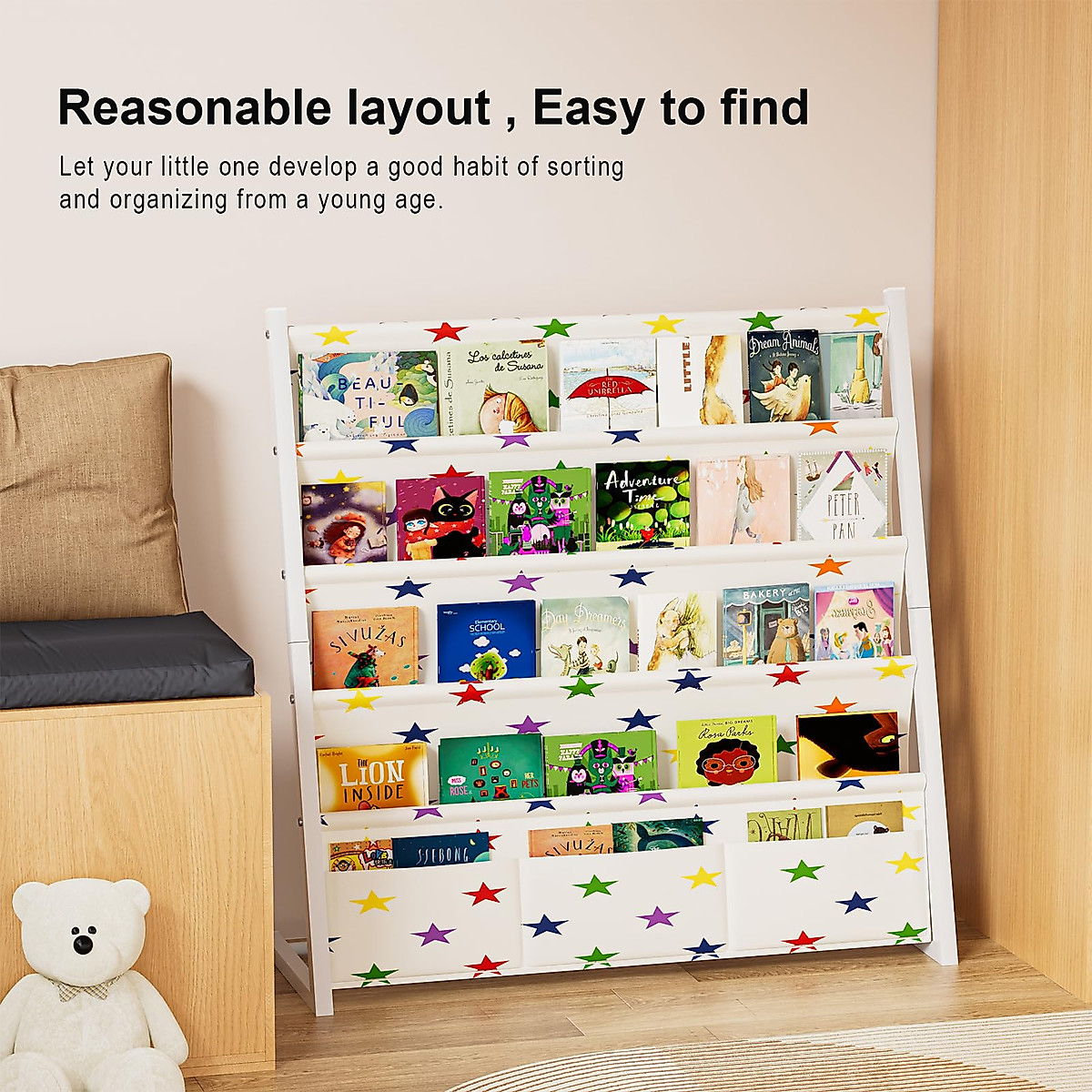 ZHOOGE Kids Bookshelf Book Rack Storage, Metal Book Rack Organizer Bookcase Bookstore Library Book Unit Storage Toddler Book Shelf Display for Nursery or Kids Room (5-Tier/ 30 in, White)