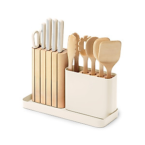 Caraway 14-Piece Kitchen Prep Set - Kitchen Knife Set & Wooden Utensil Set - Made With Premium German Steel Blades & FSC-Certified Birch Wood - Non-Toxic Materials - Includes Organizer - Cream