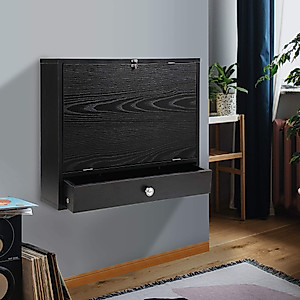 JAXPETY Wooden Wall-Mounted Space-Saving Desk, Fold Out Computer Laptop Desk with Storage Bookcase & Drawer, Convertible Writing Desk for Home Office, Black