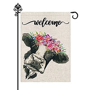 Spring Garden Flag Welcome Floral Crown Cow Garden Burlap Flag 12.5 x 18 Inch Vertical Double Sided Spring Summer Flags Outdoor Decorations Farmhouse Yard Home Decor