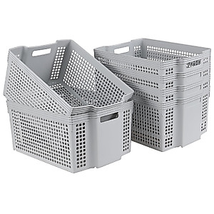 Neadas 6 Packs Large Plastic Storage Stacking Baskets, Large Stackable Cupboard Baskets, Grey