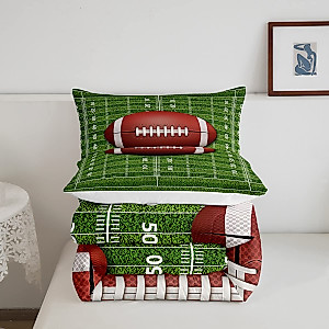 American Football Comforter Set Full,Football Field Abstract Bedding Set 3pcs for Kids Teens Boys Girls Adults Room Decor, Soccer Sport Game Quilt Set Green Brown Duvet Insert with 2 Pillowcases