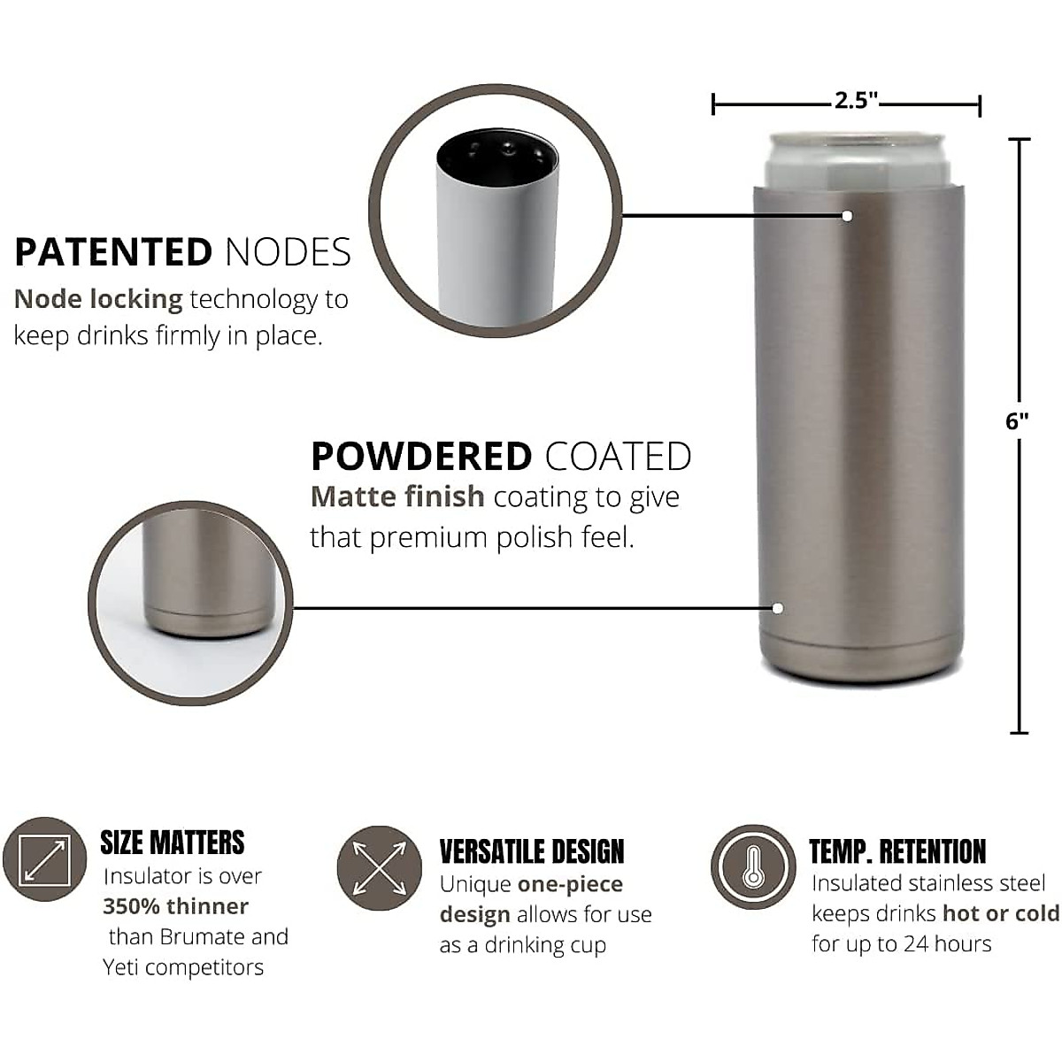 Snute 2-in-1 Slim Can Cooler & Tumbler | Insulated Stainless Steel for Hard Seltzer, Beer, Soda and Energy Drinks | 12oz Skinny Can Coozie (Naked)