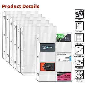 50/Box Clear Heavyweight Business Card Sleeve Pages, Refill Pages, 10 Pockets Per Sheet, 3 Ring Business Card Binder Sheets, by Better Office Products, 50 Count